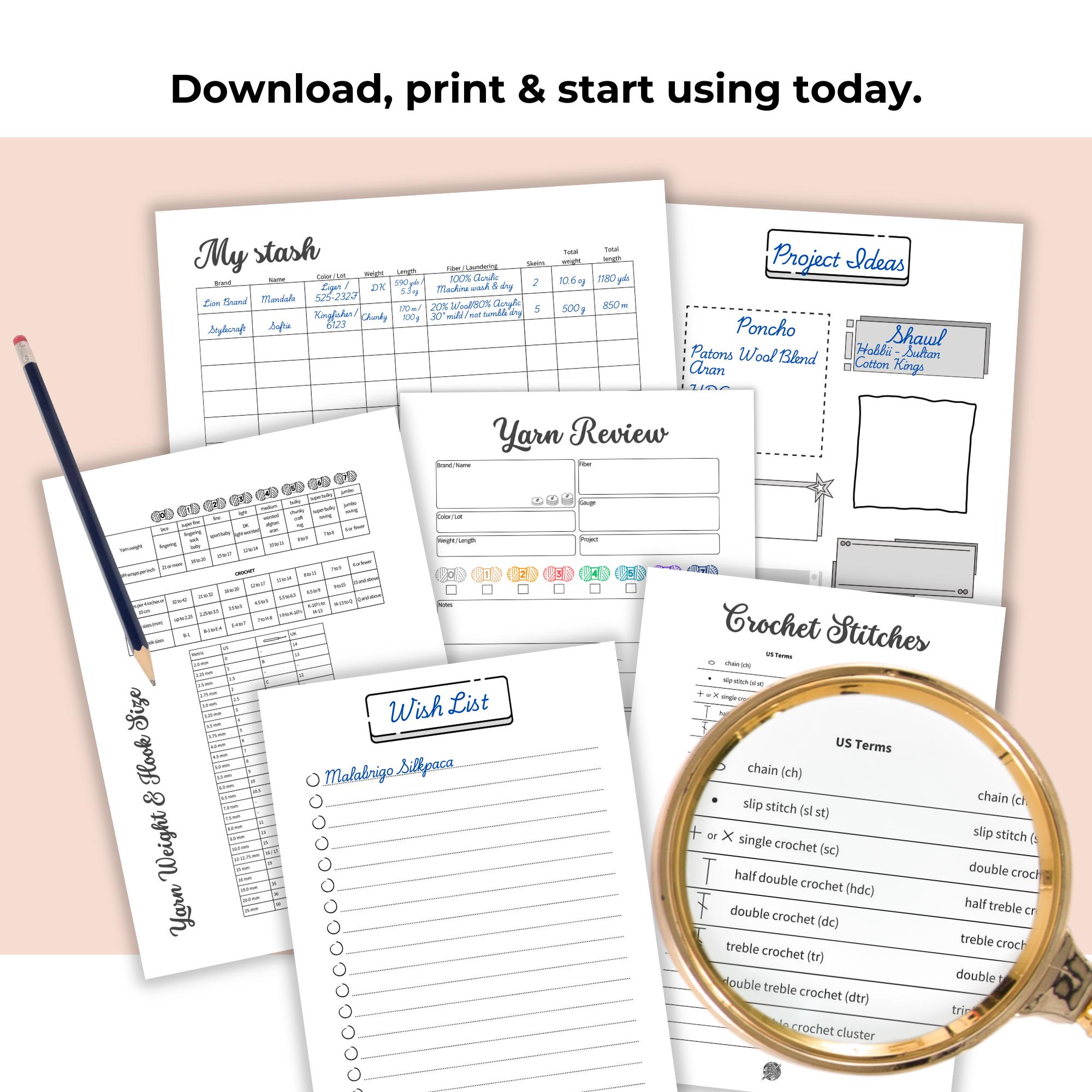Printable Crochet Project Planner Pattern Template, Yarn Stash & Hook ...