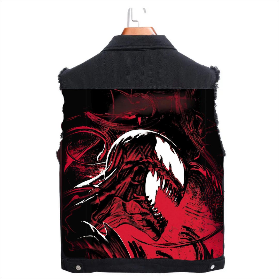 Custom Black Denim Vest With Bold 2D Character Art – Full Back Design ...