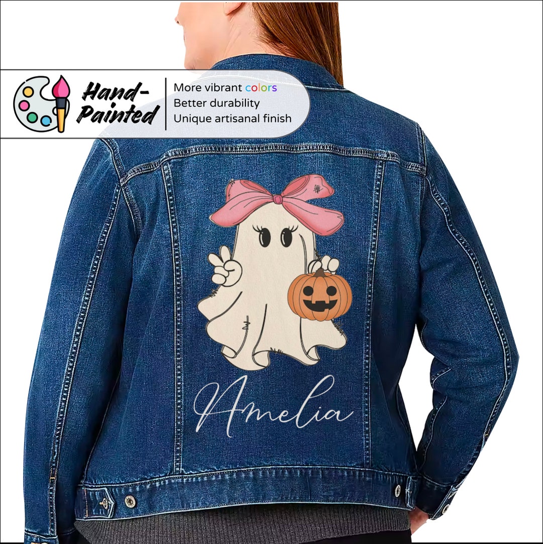 Bespoke Denim Jacket Cute Ghost Jacket-cute Spooky Ghost Pink Halloween ...