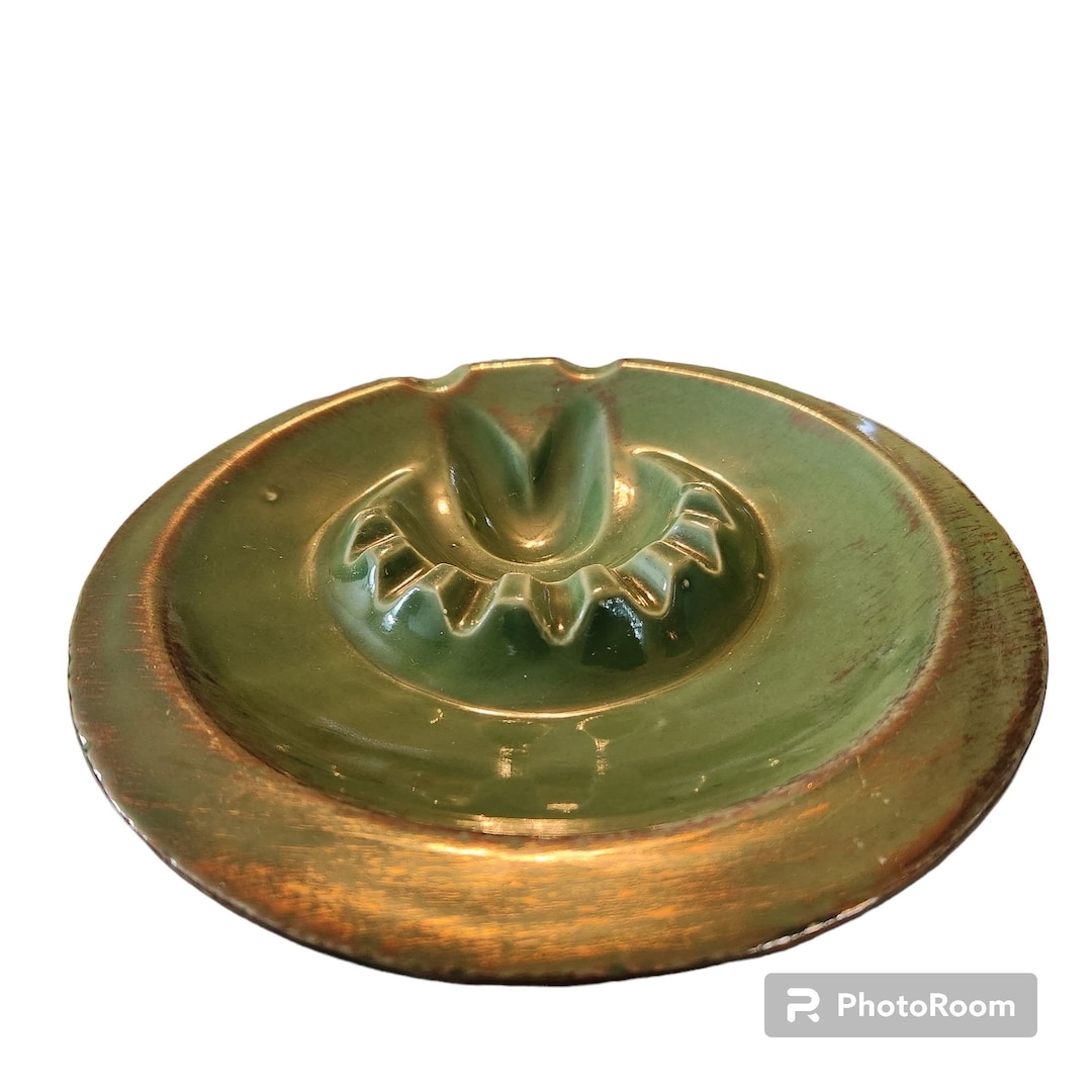 MCM 1961 Green Glazed Ashtray Gold Brush Marks Handmade 7"d Markings on ...