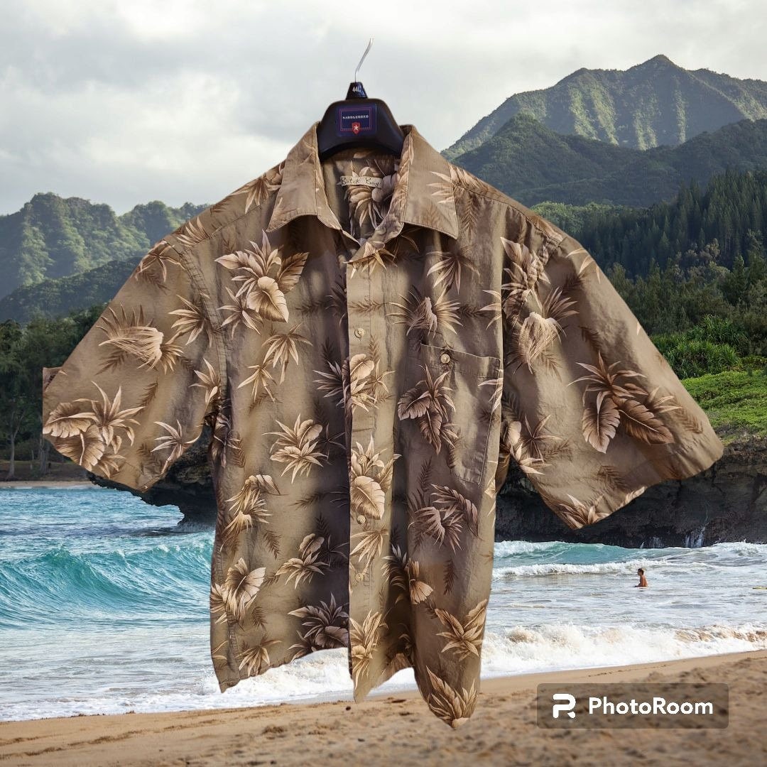 Vntg Batik Bay Hawaiian Shirt SS Size XL Khaki Green Button up Floral ...