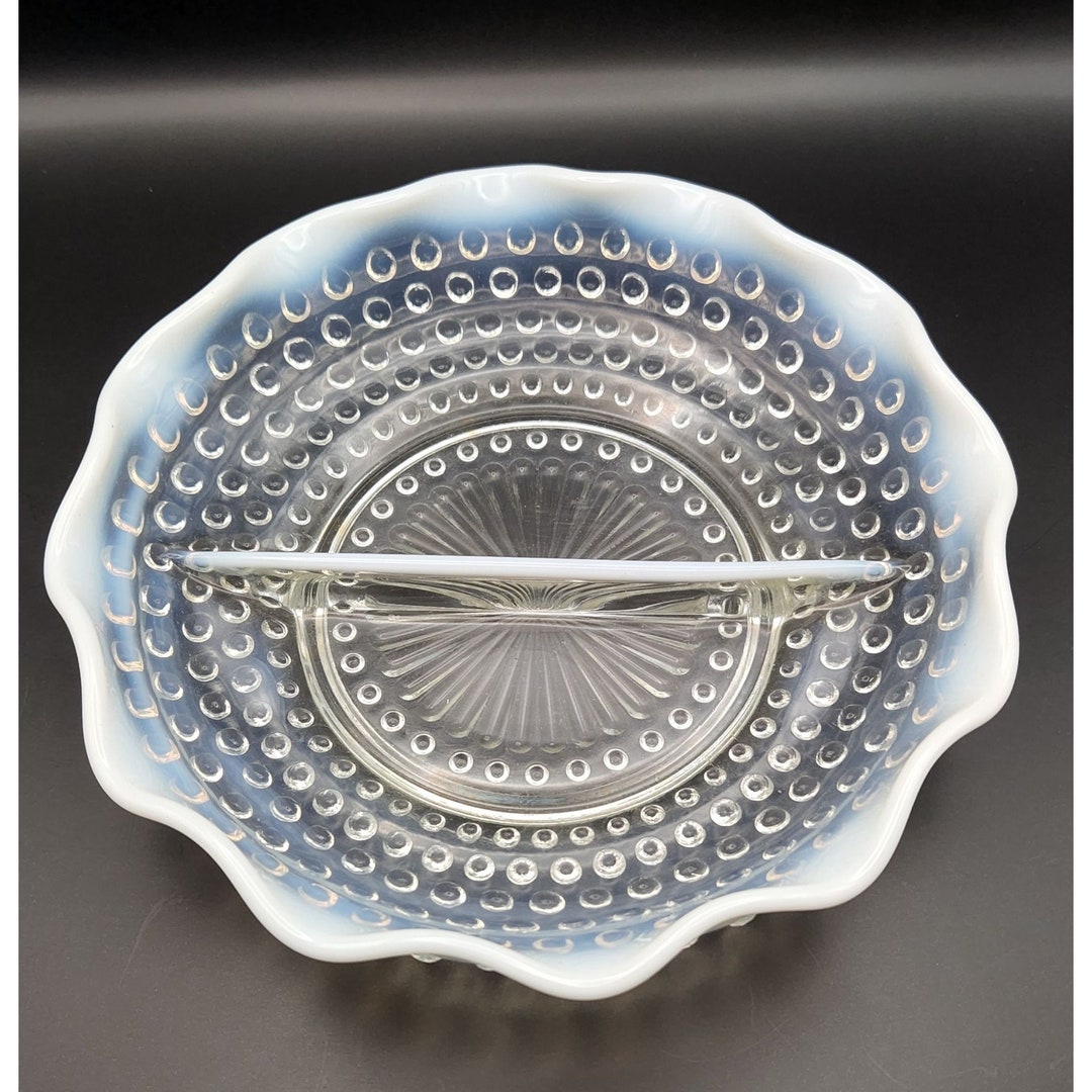 Vintage Hobnail Opalescent Moonstone Divided Glass Dish Anchor Hocking ...