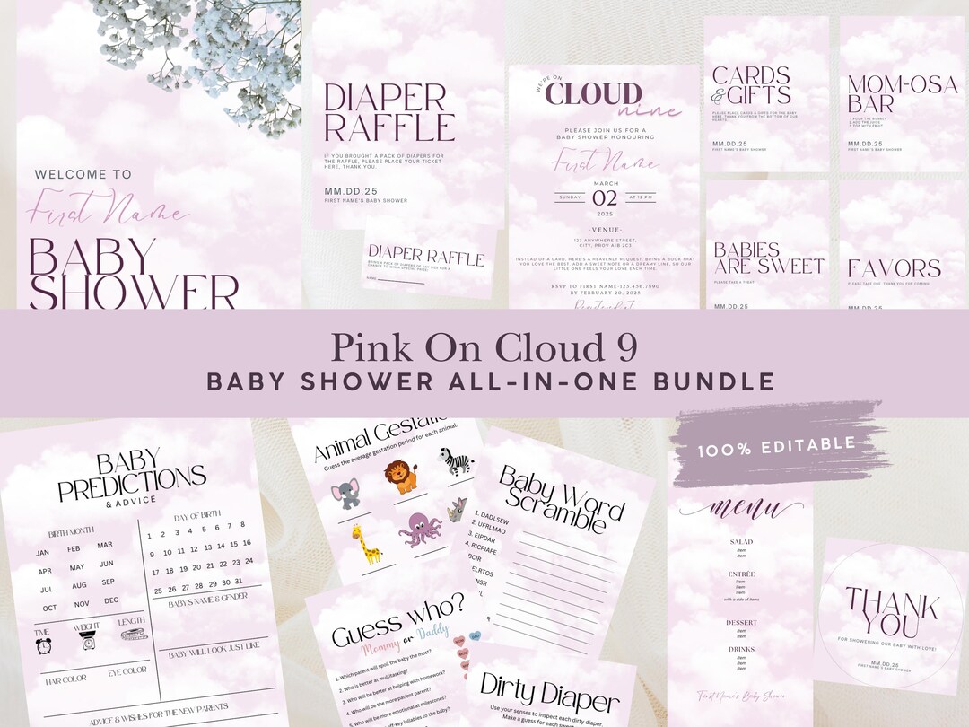 Pink on Cloud 9 Baby Shower All-in-one Canva Bundle, Editable Baby Shower Games, Signs ...