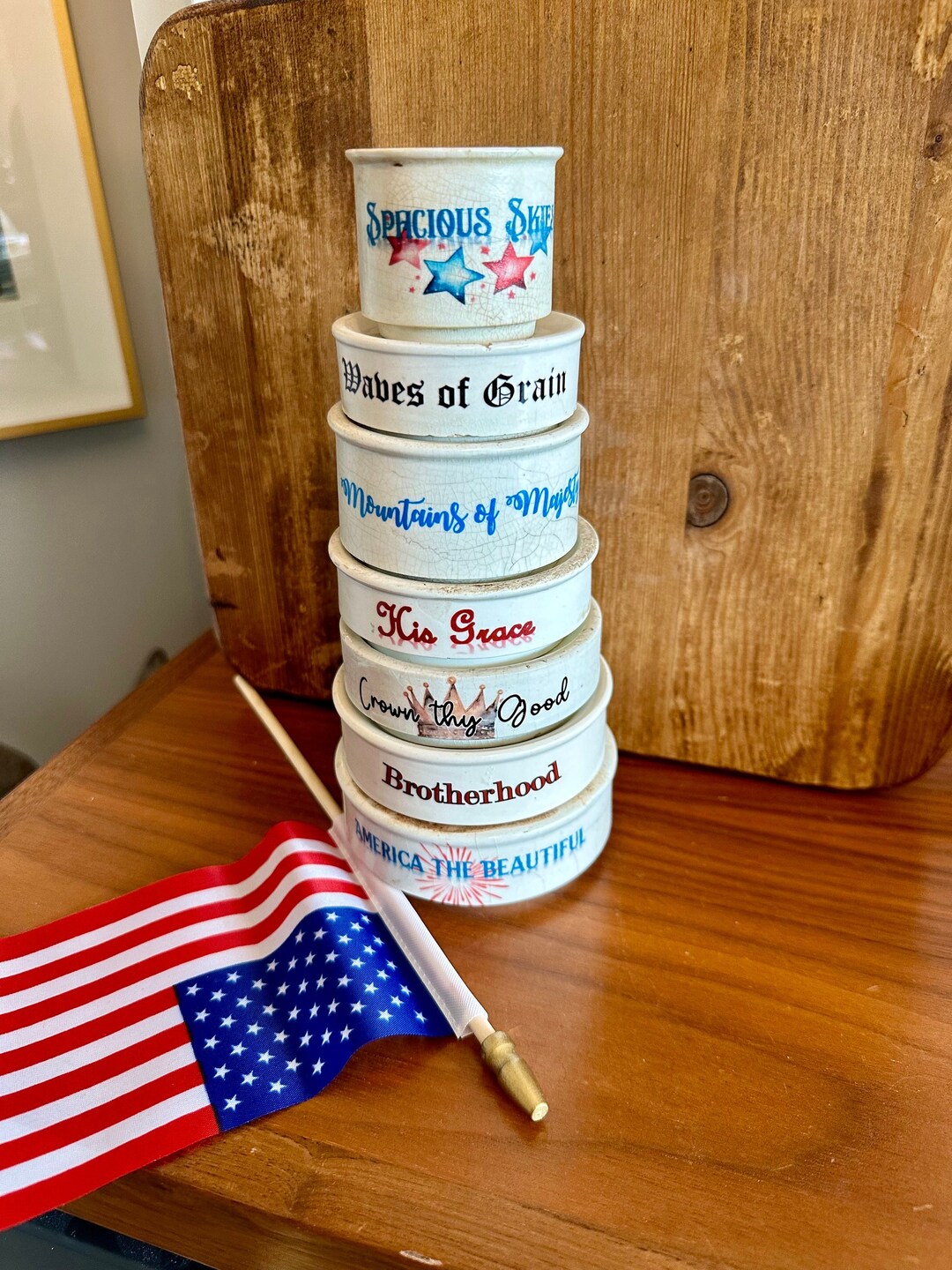 Antique Stack of English Ironstone Pots Upcycled Patriotic Theme ...