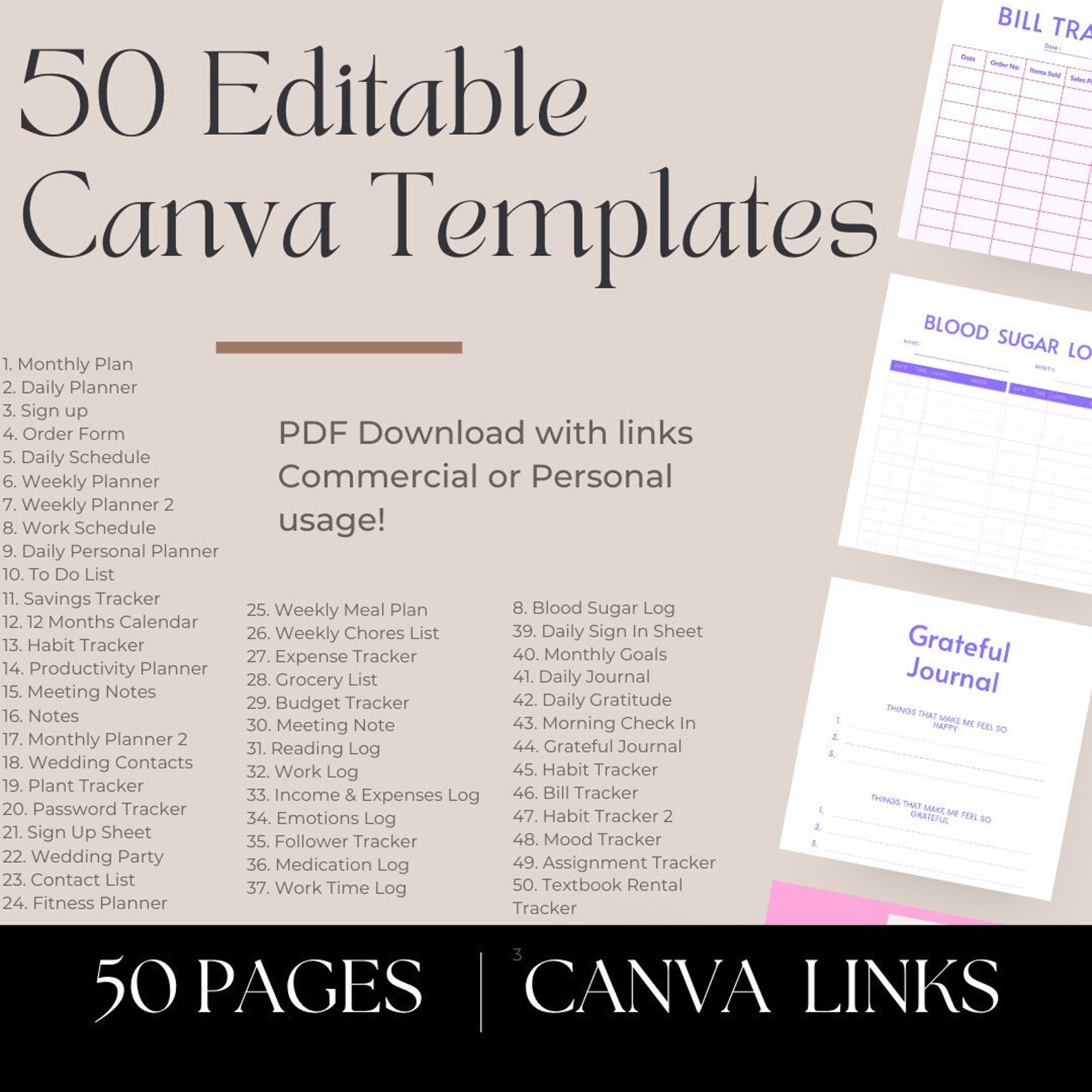 50 Editable Printable Canva Templates 6x9 for KDP | Planners Log Books ...