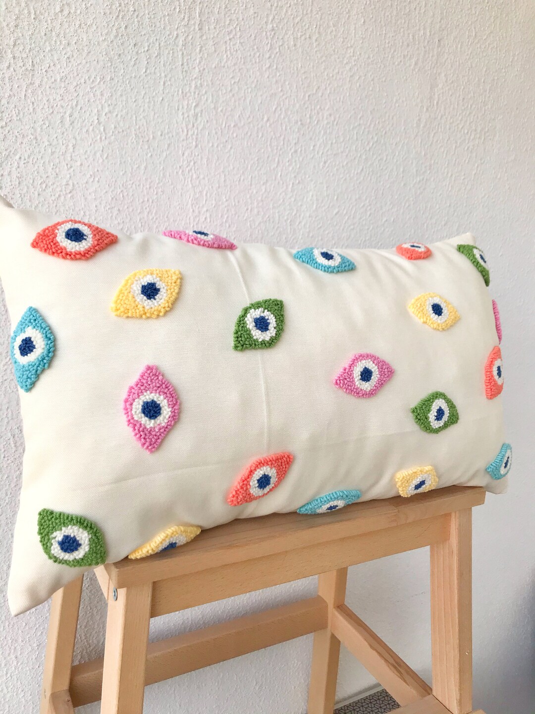 Embroidered Evil Eye Pillow, Punch Needle Throw Pillow Cover, Colourful ...