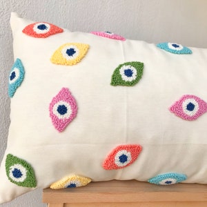 Embroidered Evil Eye Pillow, Punch Needle Throw Pillow Cover, Colourful ...