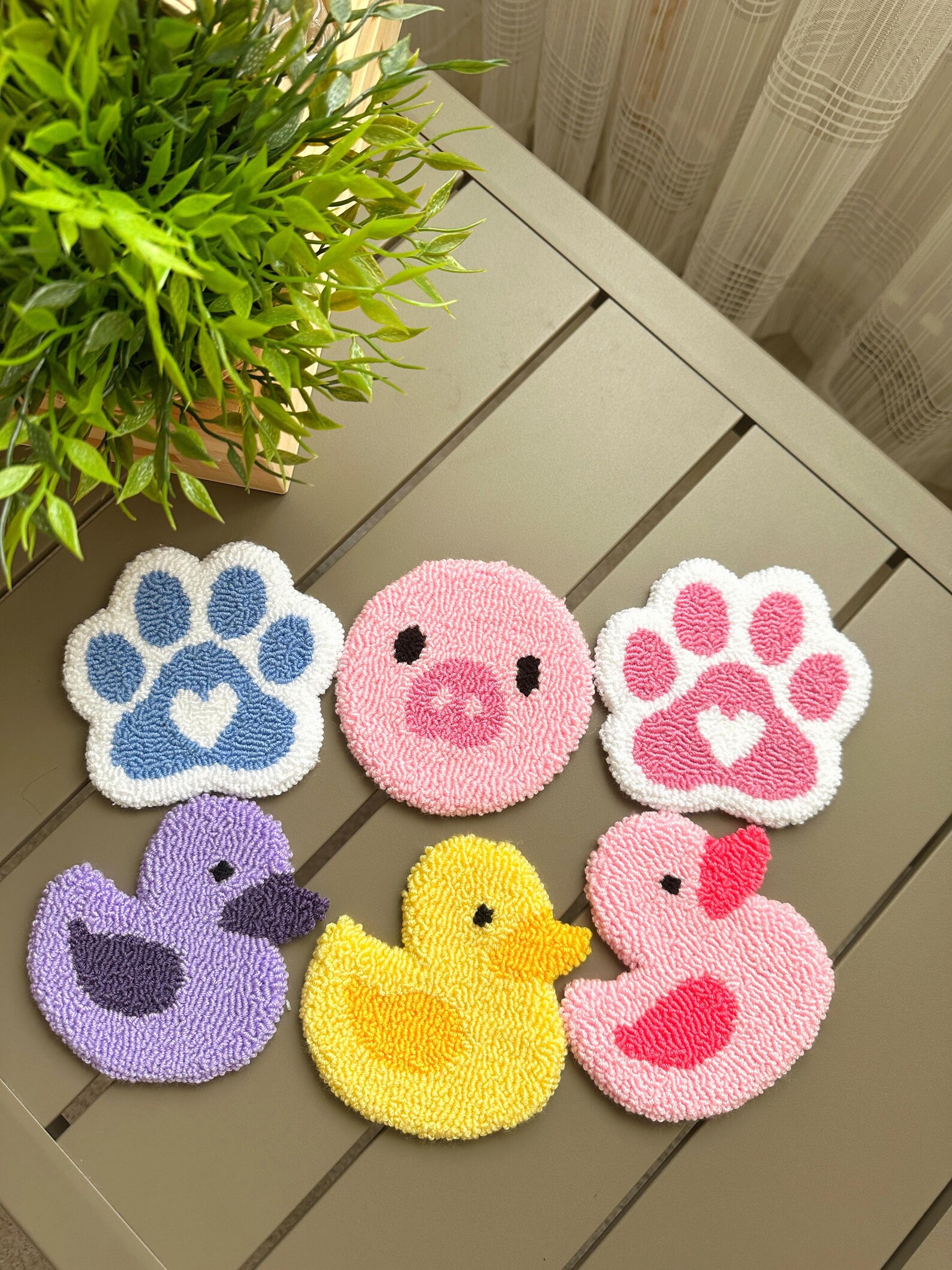 Punch Needle Duck Coaster, Tufted Paw Mug Rug, Tufted Pig Coaster ...