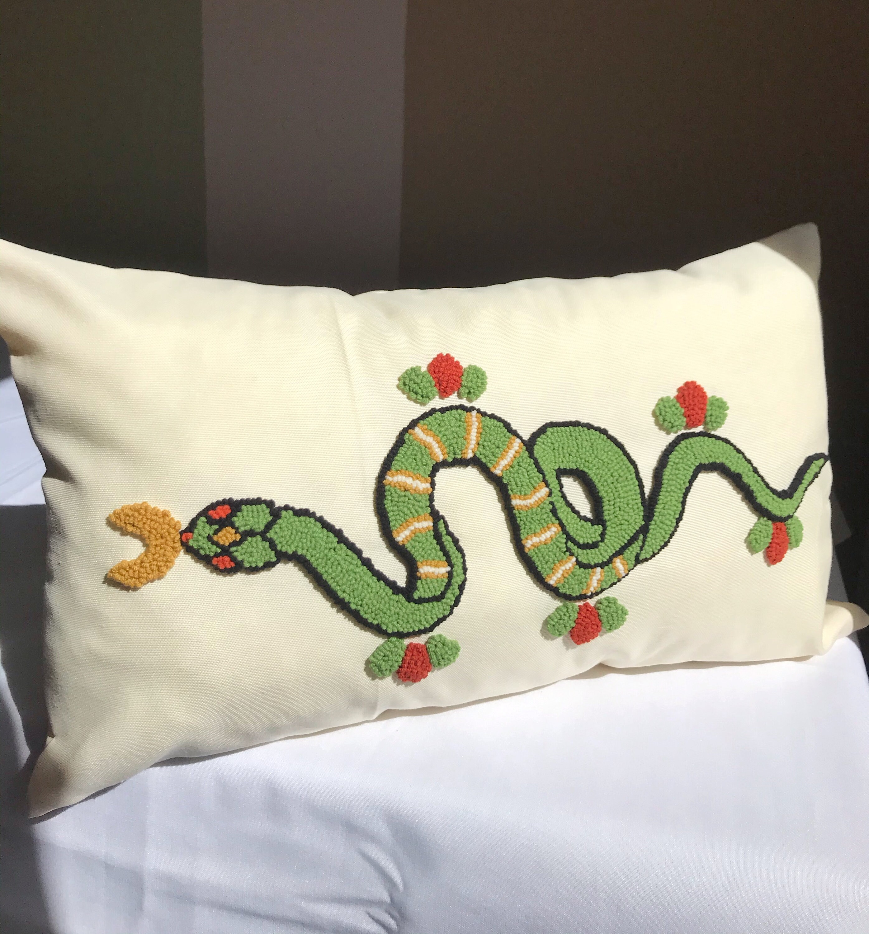 Punch Needle Pillow Cover, Green Snake Pillow, Hand Tufted Red Eye ...