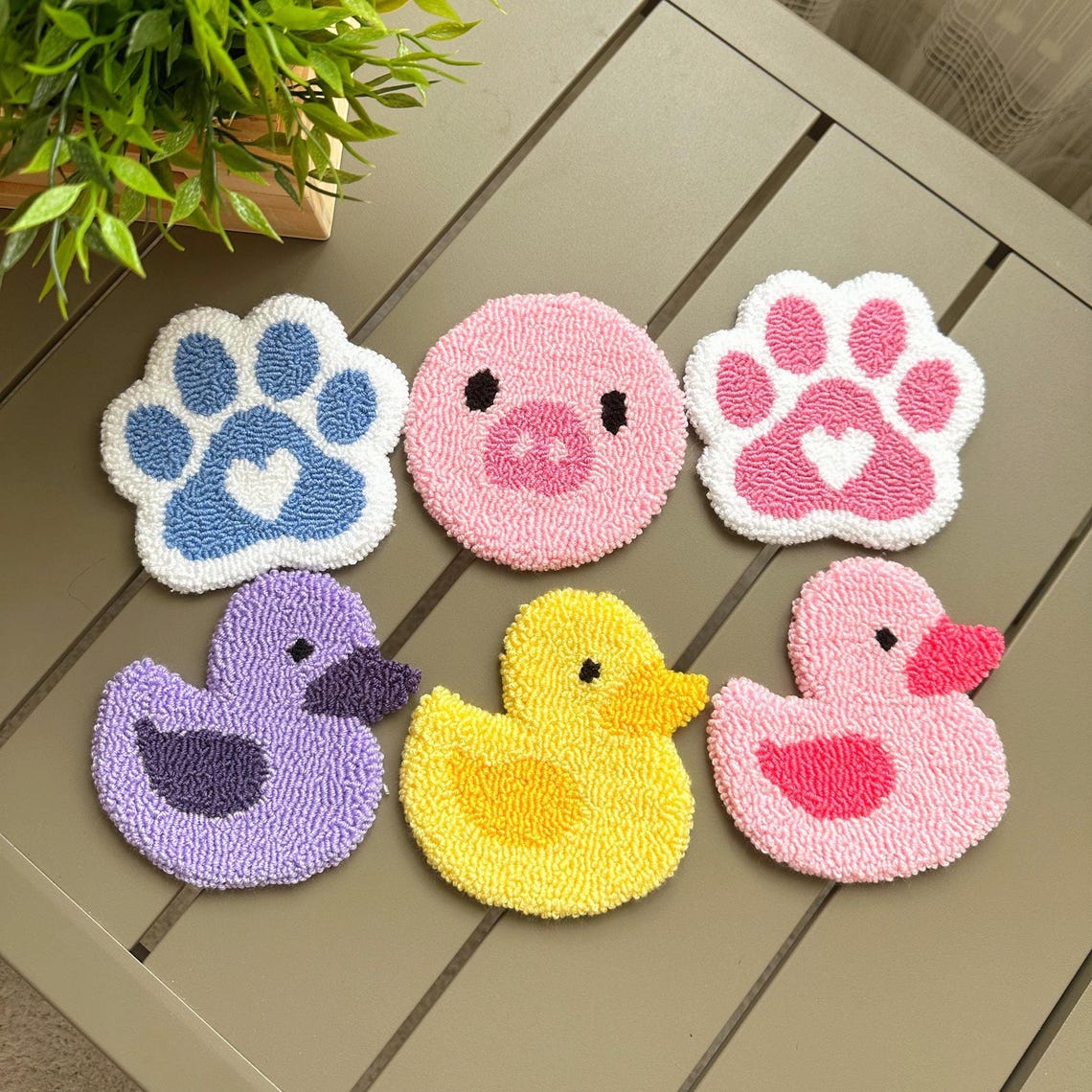 Punch Needle Duck Coaster, Tufted Paw Mug Rug, Tufted Pig Coaster ...