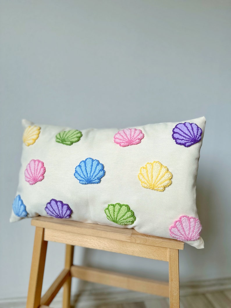 Punch Needle Seashell Pillow Cover, Sea Shell Throw Pillow, Colorful ...