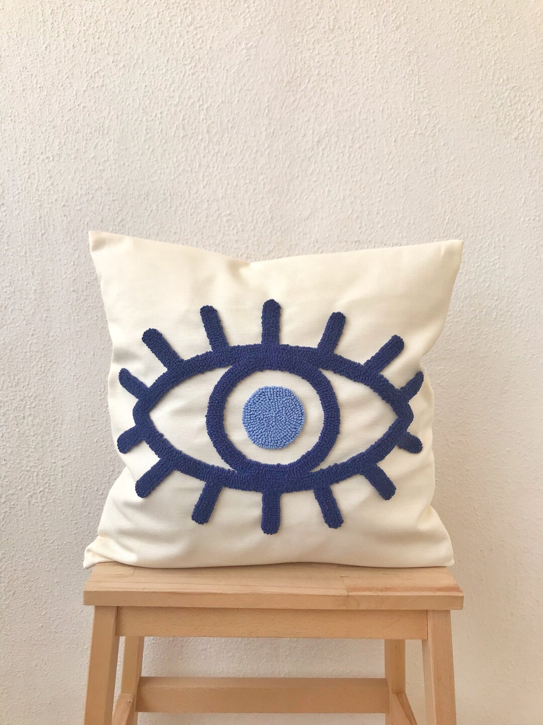 Embroidery Evil Eye Pillow Cover, Blue Eye Throw Pillow, Punch Needle ...