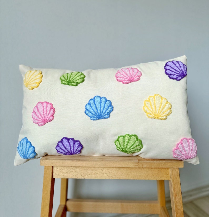 Punch Needle Seashell Pillow Cover, Sea Shell Throw Pillow, Colorful ...