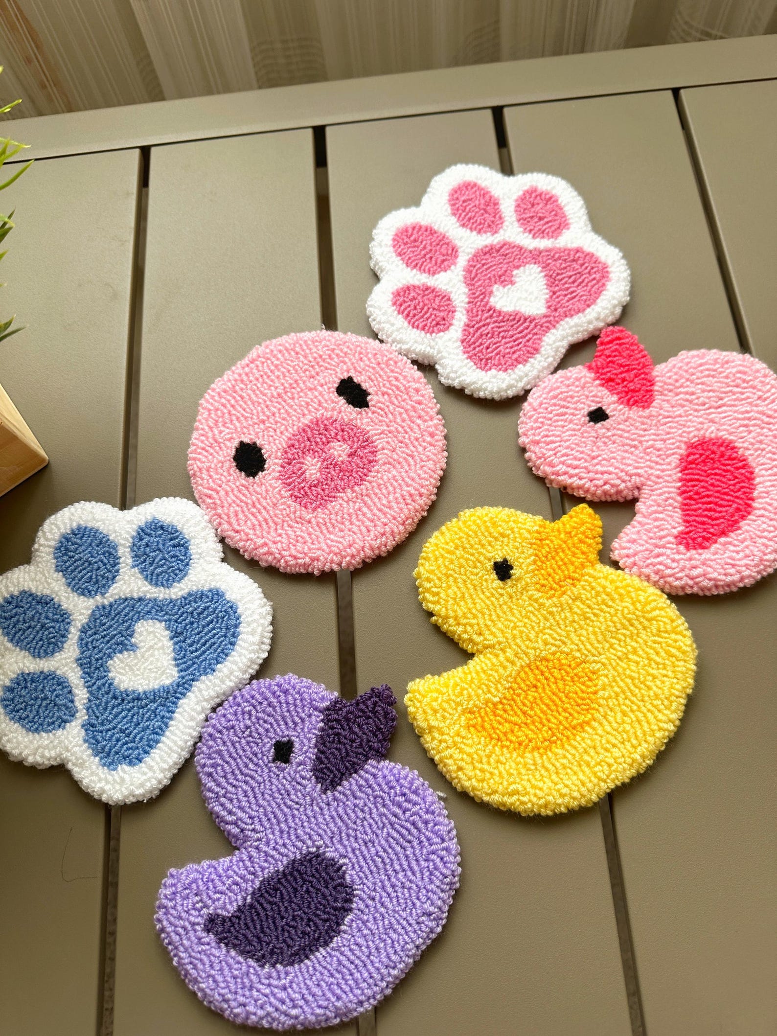 Punch Needle Duck Coaster, Tufted Paw Mug Rug, Tufted Pig Coaster ...