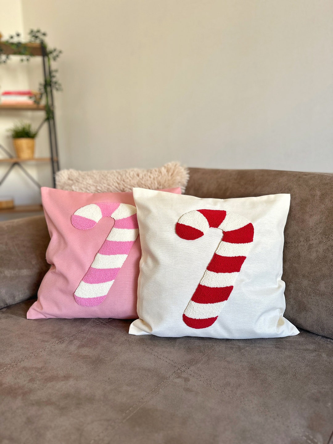 Christmas Peppermint Pillow, Punch Needle Candy Cane Pillow Cover ...