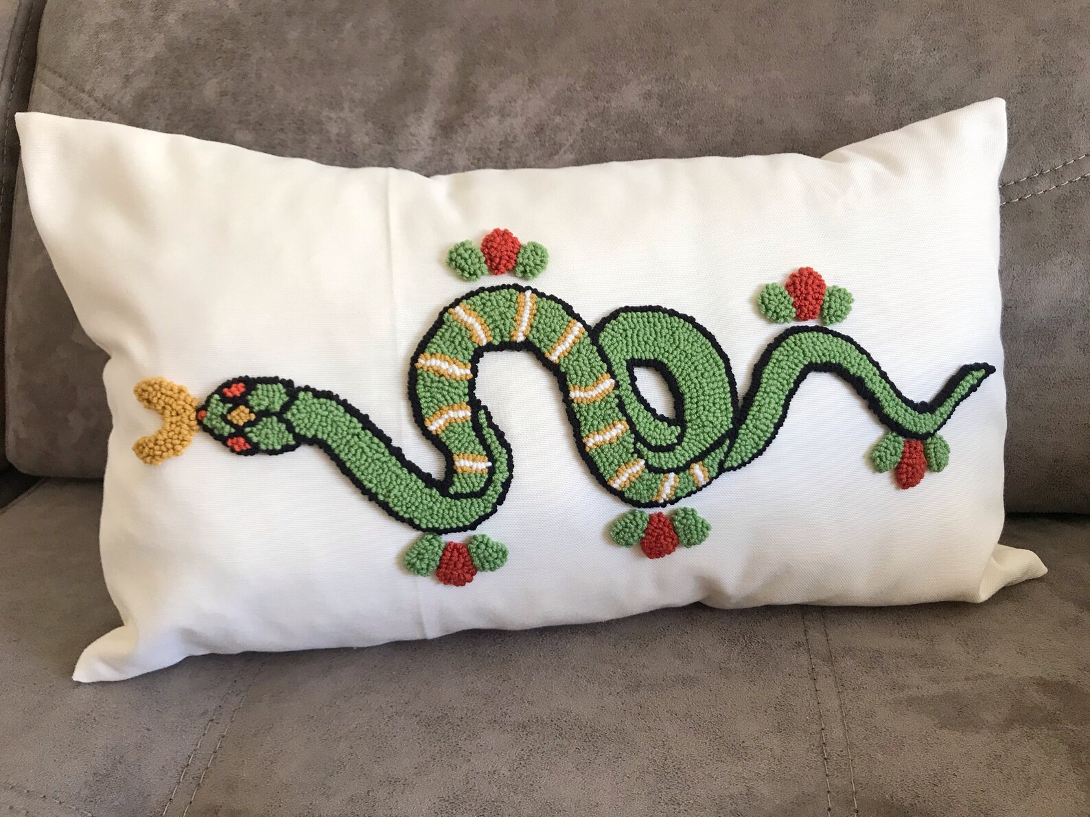 Punch Needle Pillow Cover Green Snake Pillow Hand Tufted Red - Etsy
