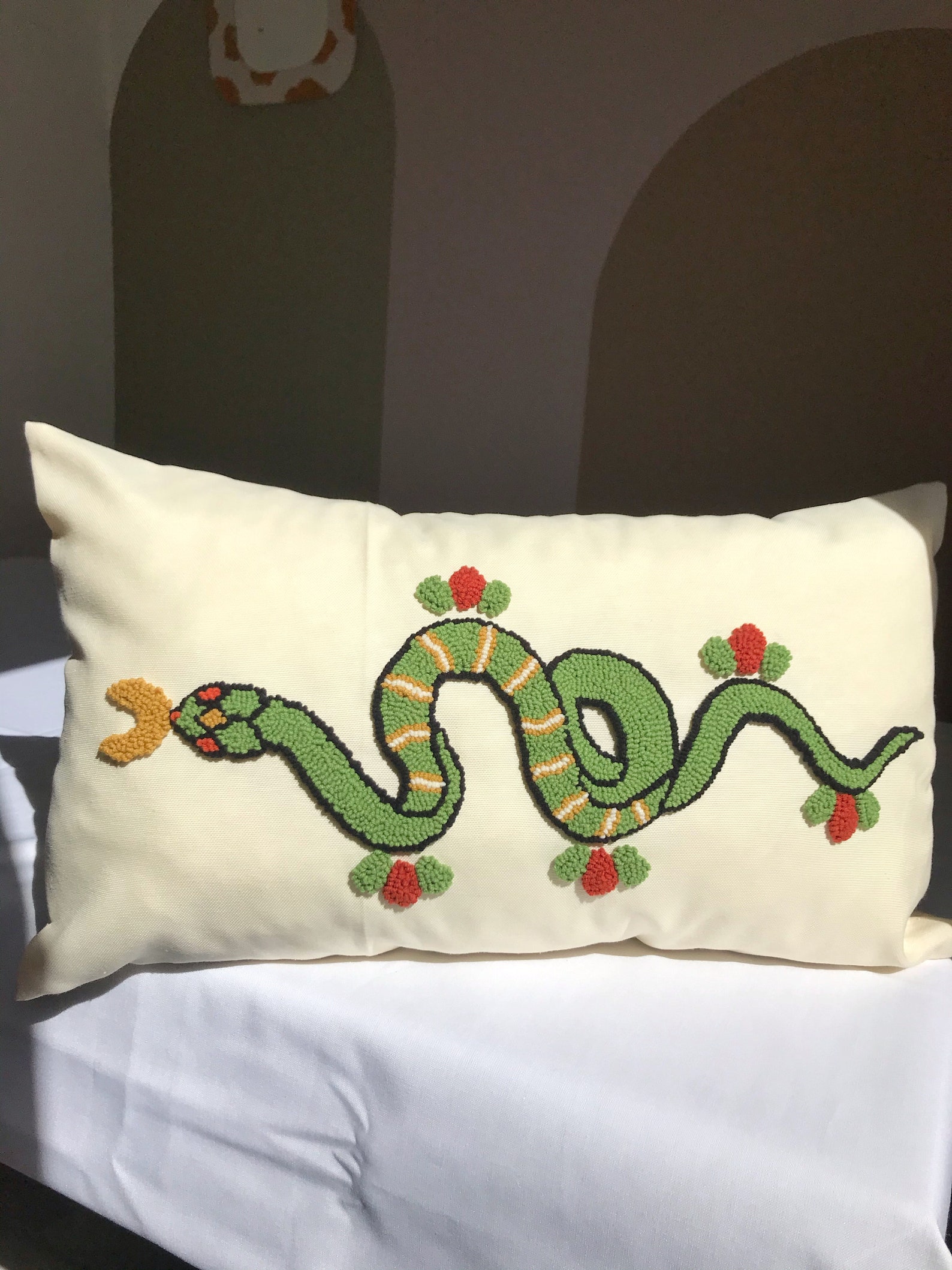 Punch Needle Pillow Cover Green Snake Pillow Hand Tufted Red - Etsy