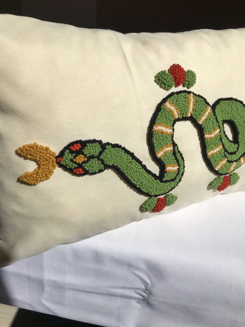 Punch Needle Pillow Cover, Green Snake Pillow, Hand Tufted Red Eye ...