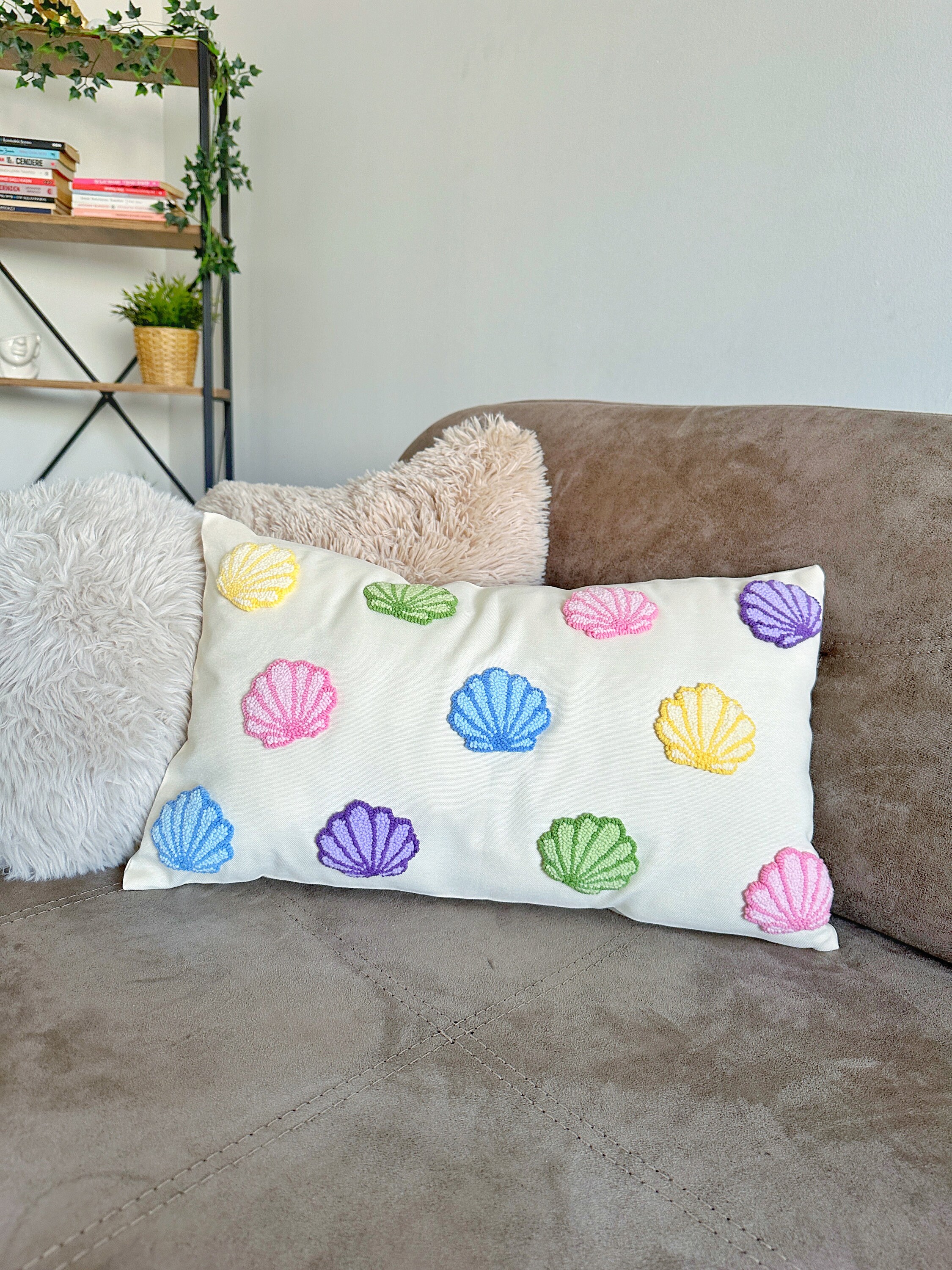 Punch Needle Seashell Pillow Cover, Sea Shell Throw Pillow, Colorful ...