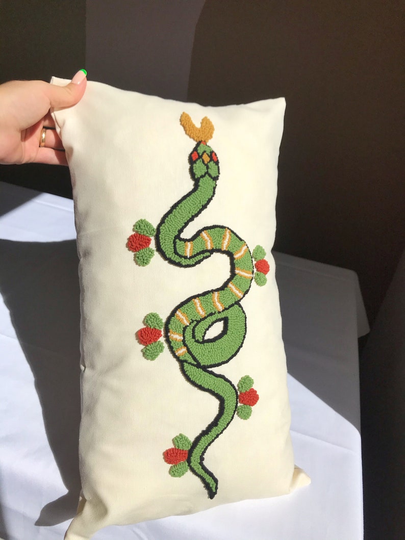 Punch Needle Pillow Cover, Green Snake Pillow, Hand Tufted Red Eye ...