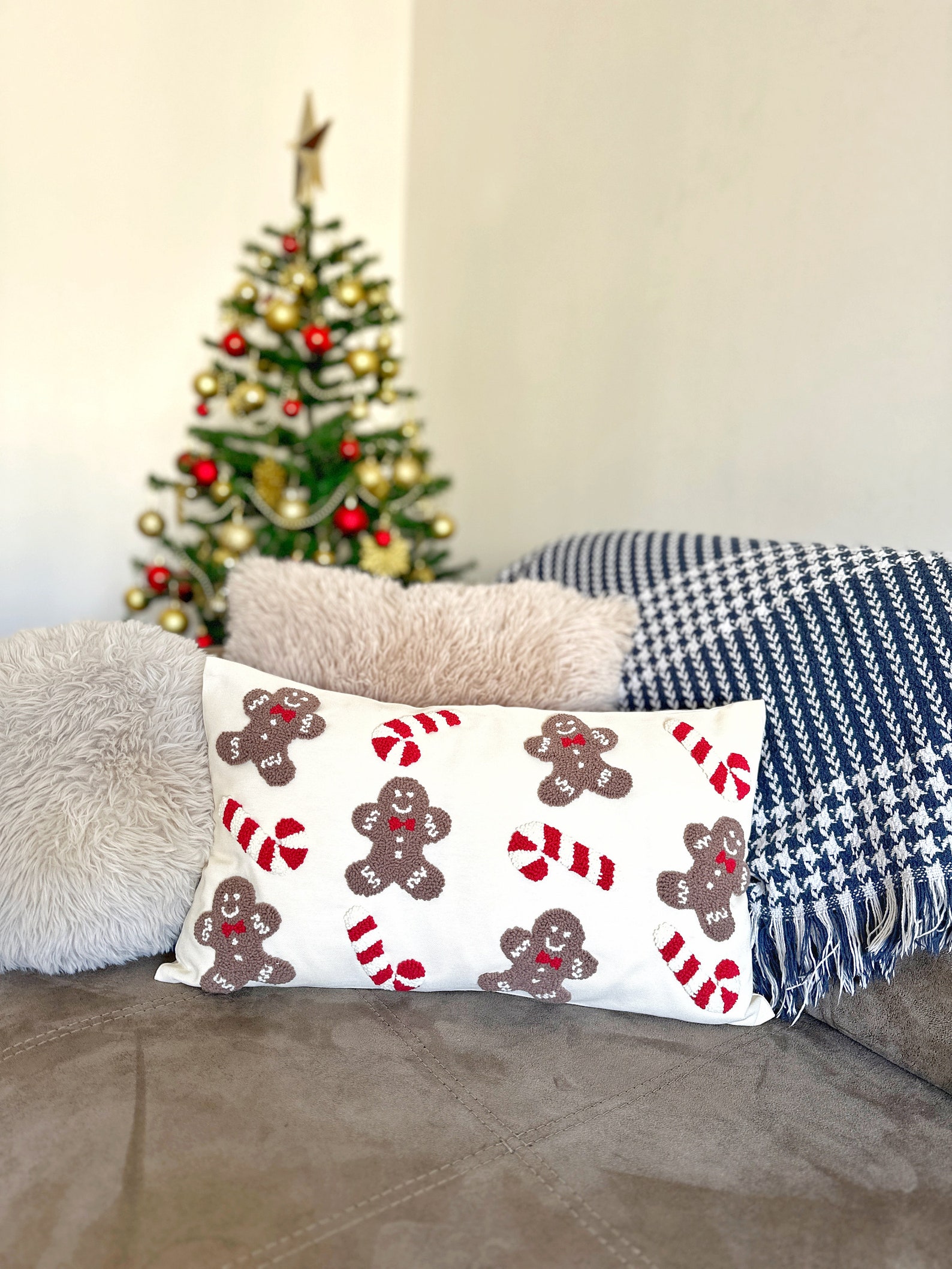 Gingerbread Man Pillow Cover, Candy Cane Pillow, Punch Needle Christmas ...