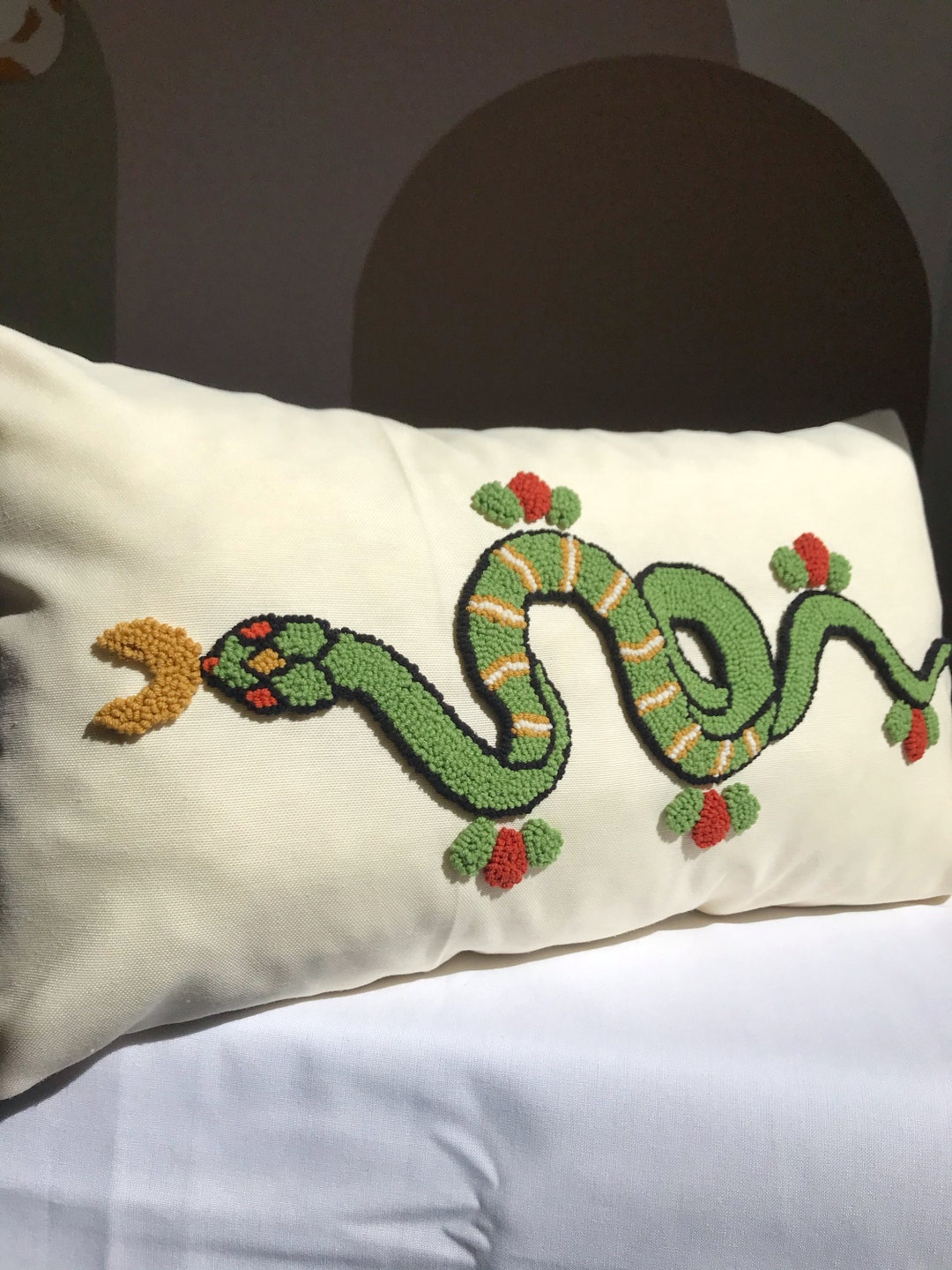 Punch Needle Pillow Cover, Green Snake Pillow, Hand Tufted Red Eye ...