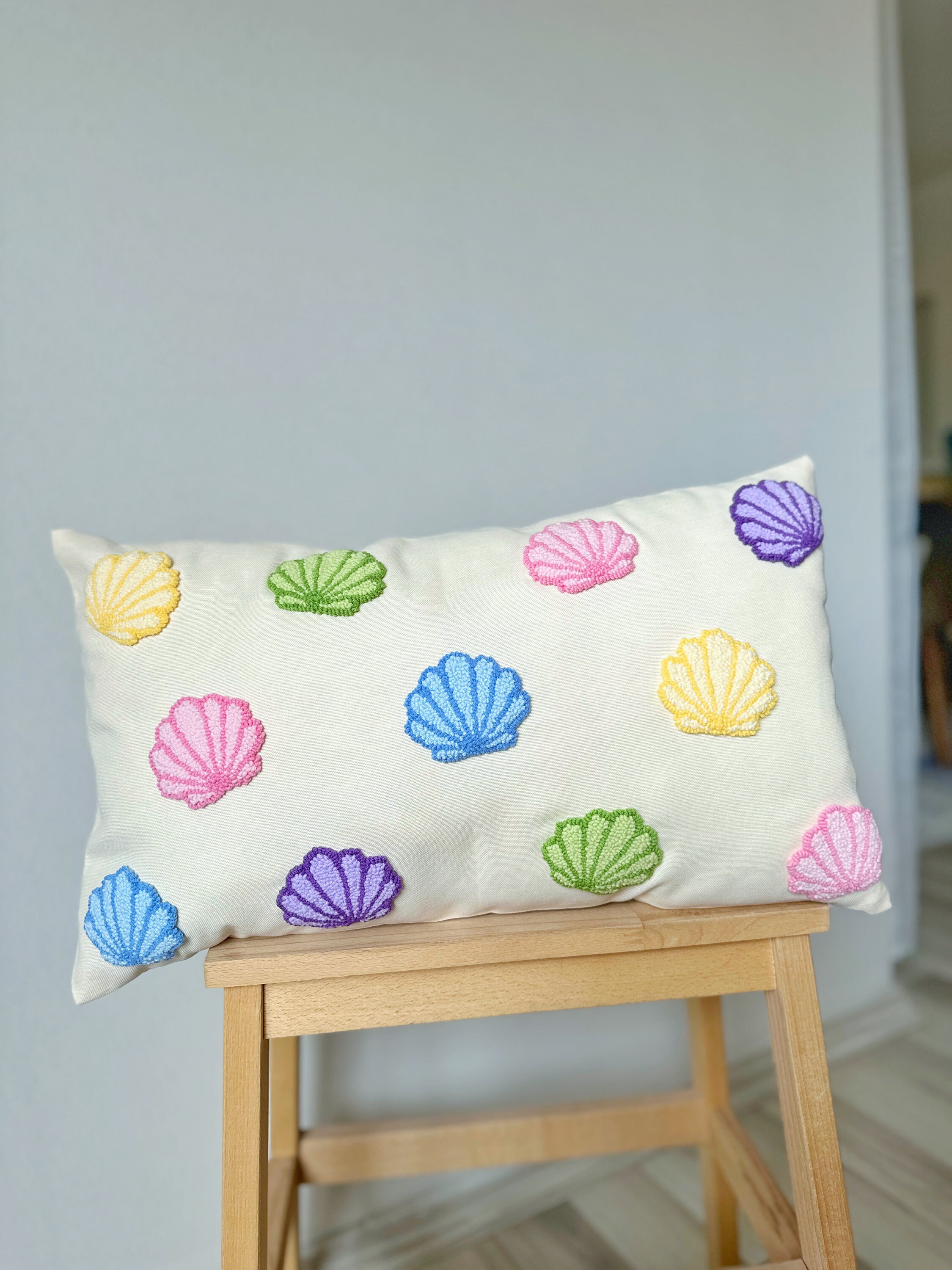 Punch Needle Seashell Pillow Cover, Sea Shell Throw Pillow, Colorful ...