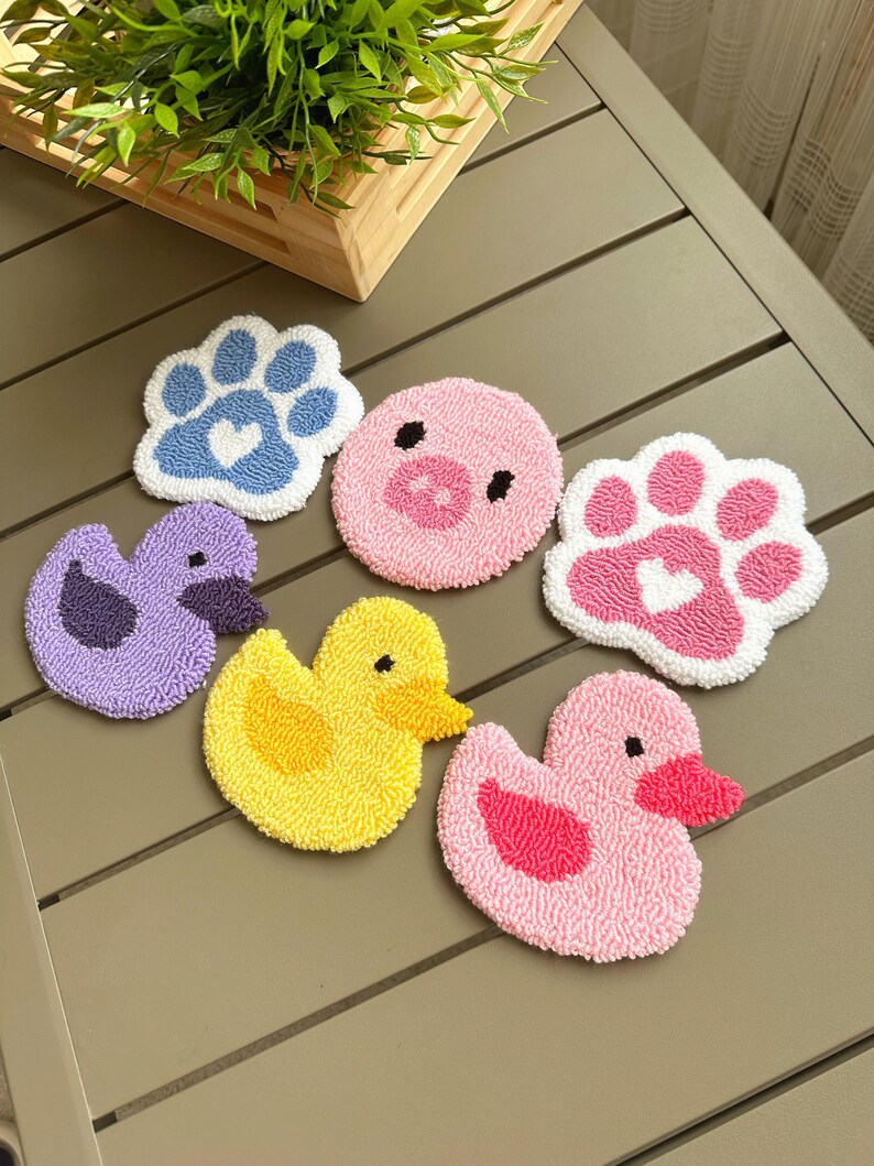 Punch Needle Duck Coaster, Tufted Paw Mug Rug, Tufted Pig Coaster ...