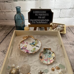 Scallop Shell Trinket Dishes: Pastel Floral Bird Motif, Gold Leaf Set ...
