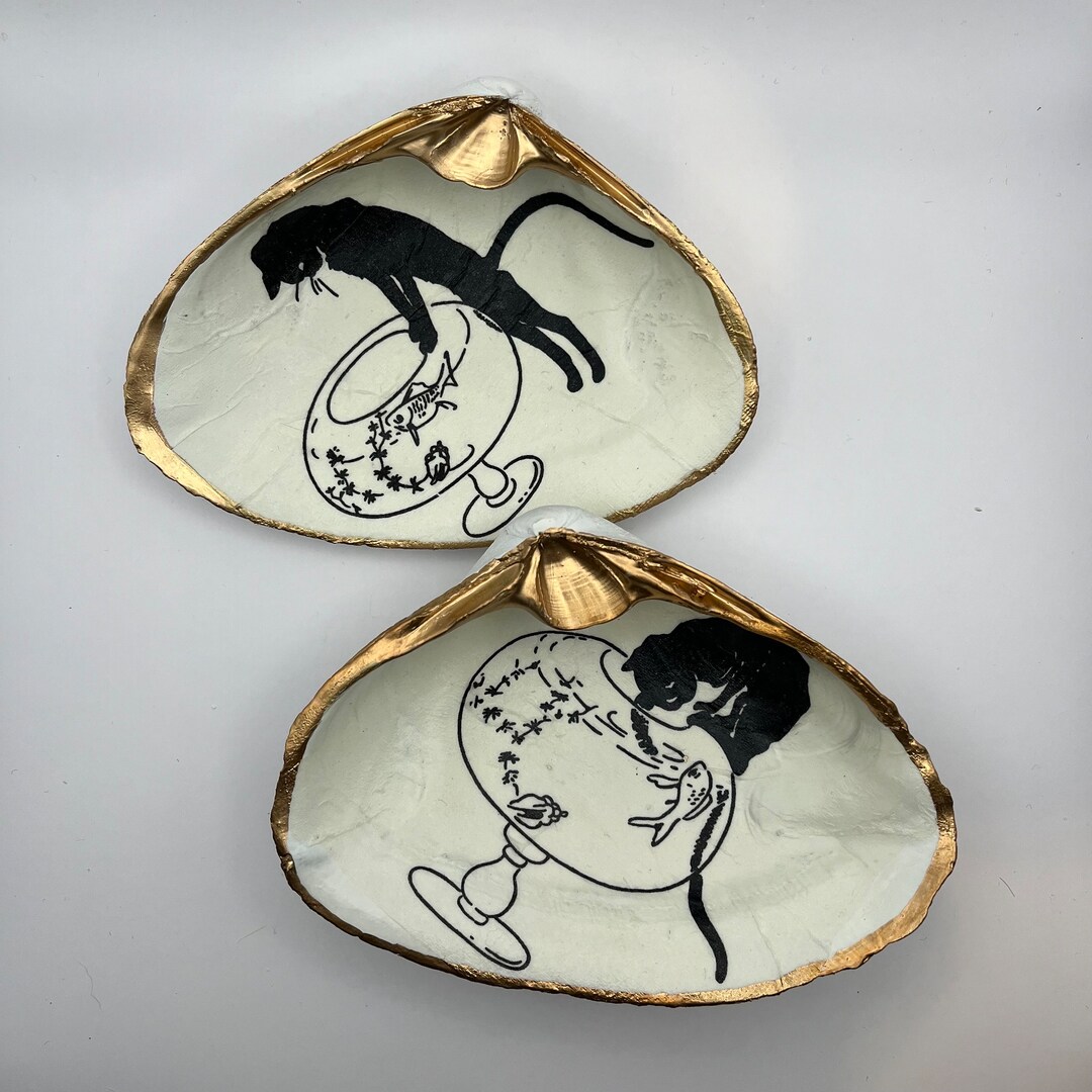 Set of Two Black Cat Clam Shell Ring/trinket Dishes, Animal Print ...