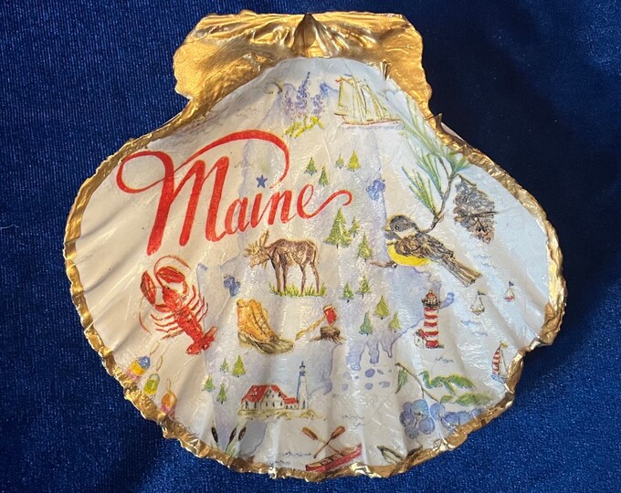 Maine Theme Large Scallop Shell Trinket Dish, Keepsake, Vacationland ...