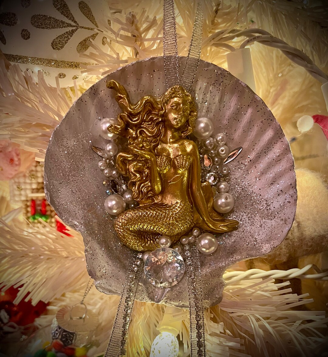 Handmade Scallop Shell Mermaid Christmas Ornament: Silver & Gold Decor ...