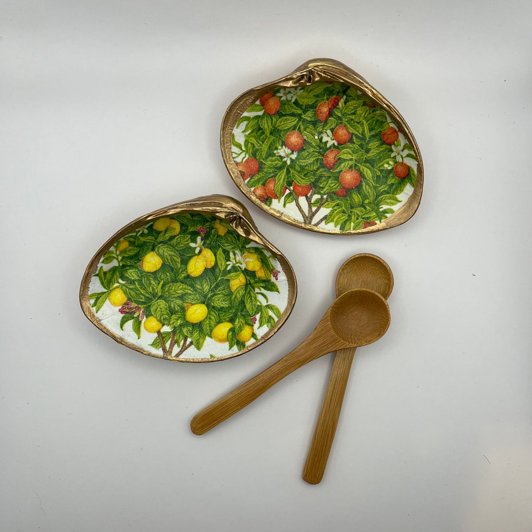 Clam Shell Spice Cellar Set With Mini Bamboo Spoons Fruit Motif ...