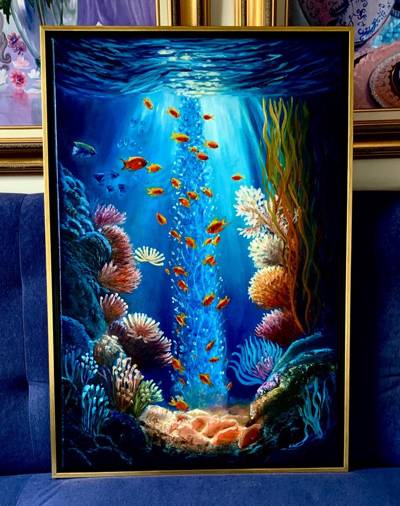 Underwater World Original Oil Painting on Canvas Aquatic Life and ...