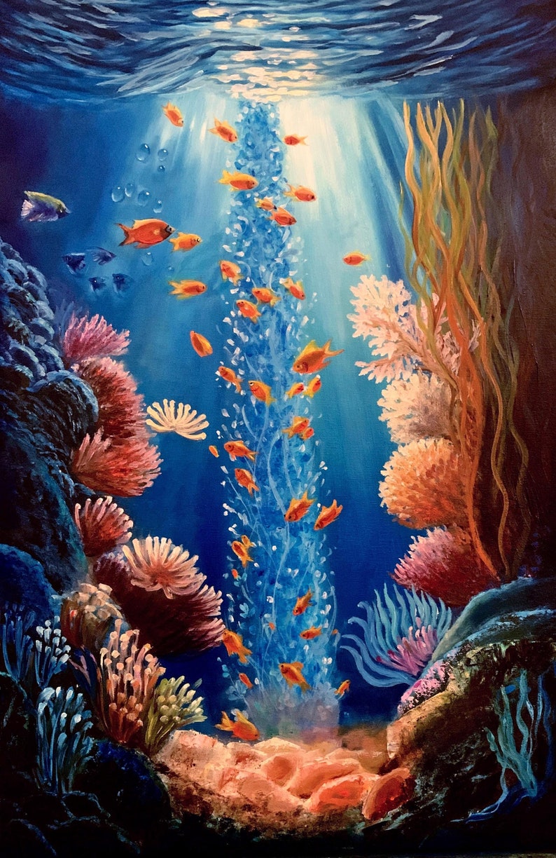 Underwater World Original Oil Painting on Canvas Aquatic Life and ...