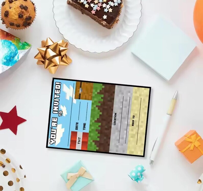 Minecraft Birthday Party Invitations - 8 Cards With Envelopes | Pixel ...