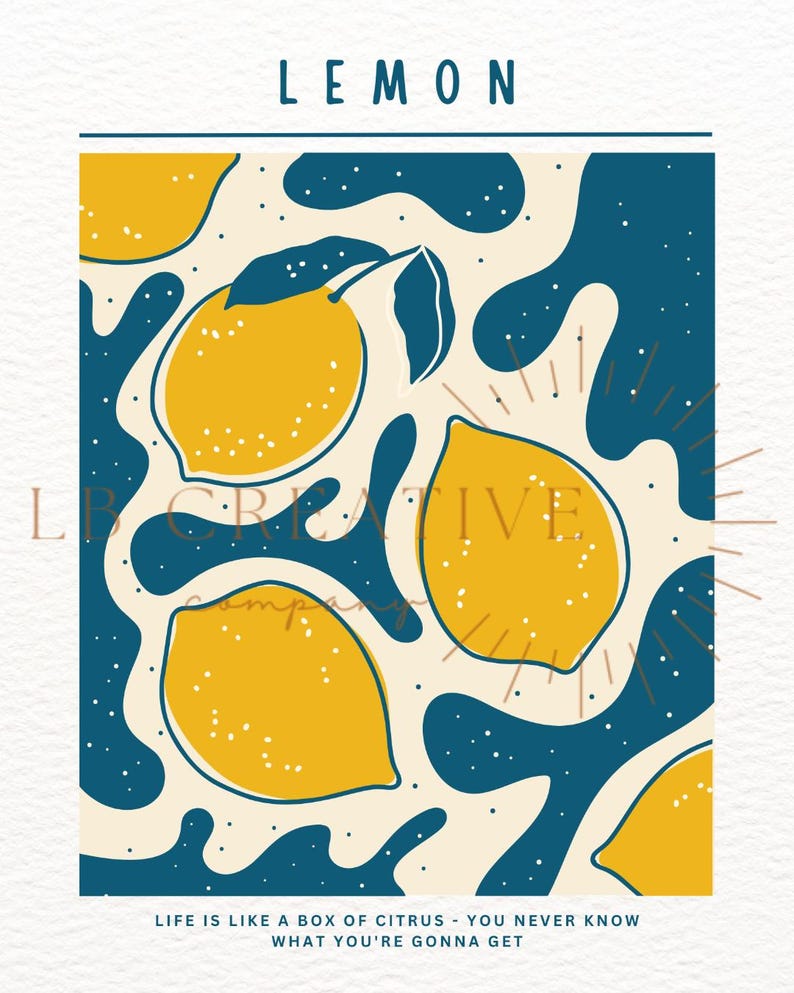 Lemon Wall Art Printable | Citrus Kitchen Decor | Yellow Fruit Print ...