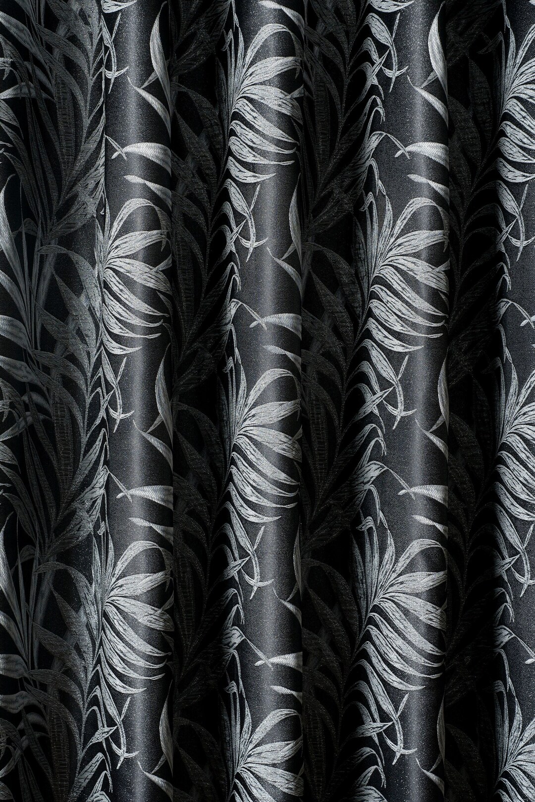 Luxury Black & Silver Leaf Pattern Curtain Panel for Bedroom Dining ...