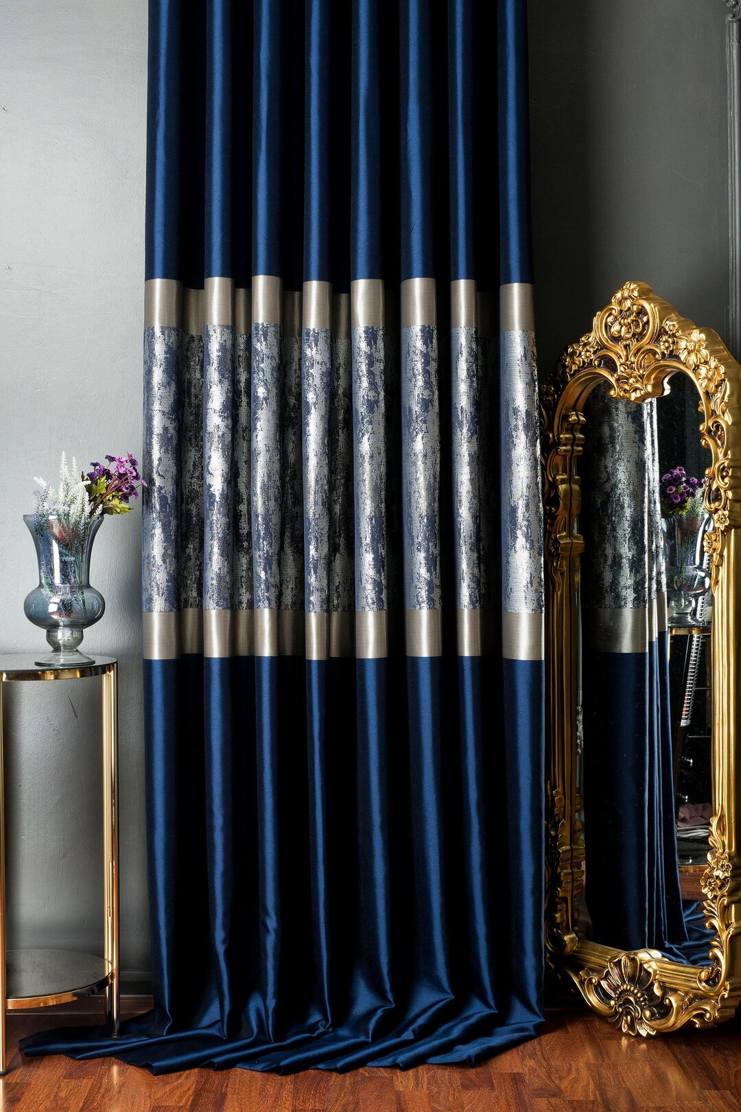 Luxury Navy Blue Gold Curtain Panel Striped Patterned Fabric Bedroom ...