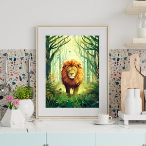Lion Poster Jungle Painting Diptych Wall Art Tropical Wall Art Lion ...