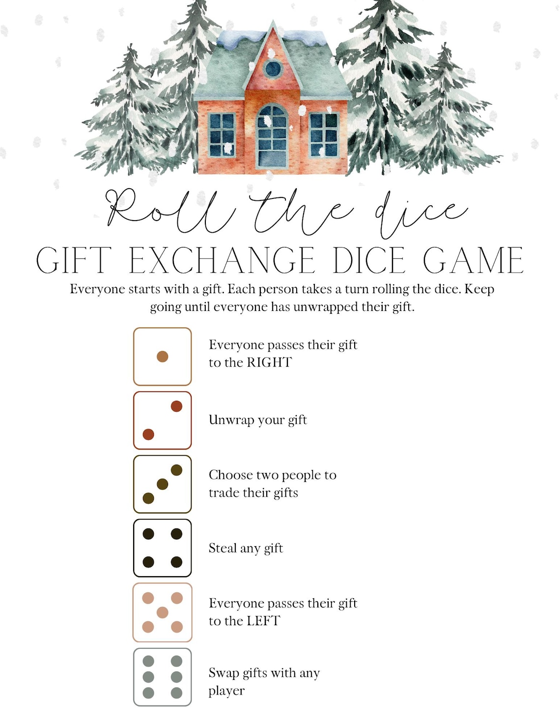 Christmas Gift Exchange Dice Game Printable, Roll the Dice Holiday Edition, Pass the Gift Game ...