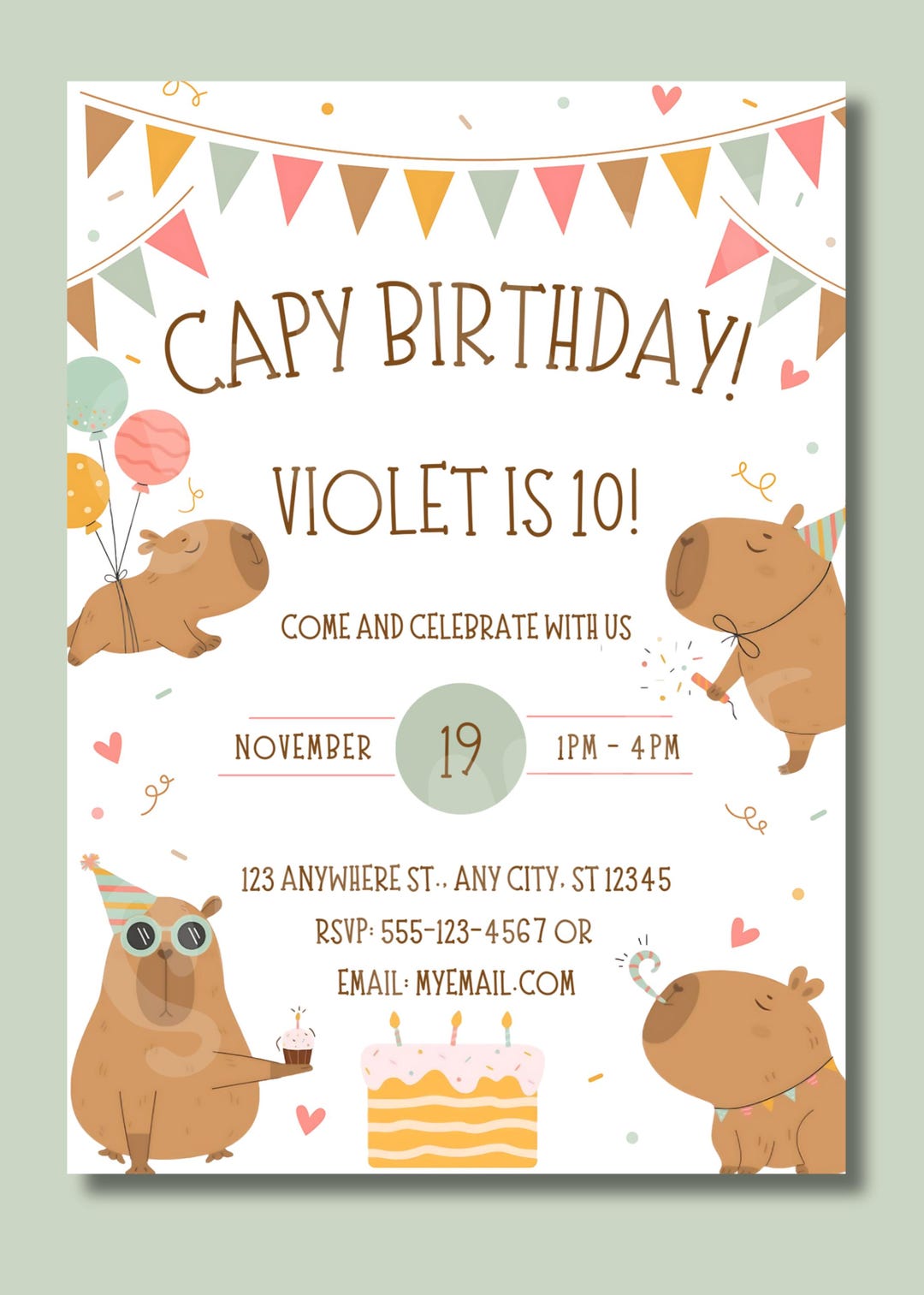 Capybara Birthday Invitation | Editable 5x7 Canva Invite | Instant ...