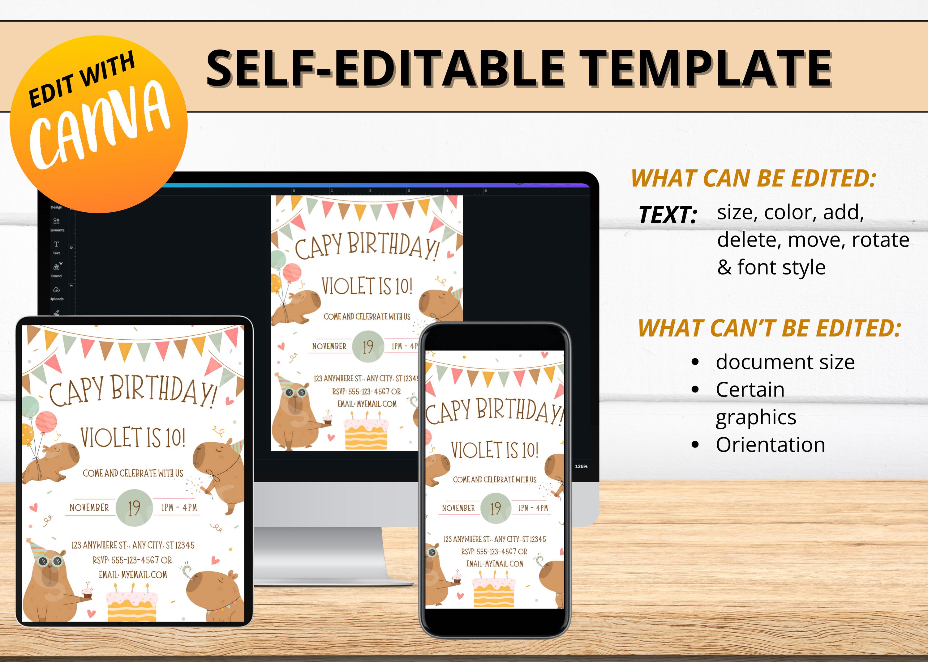 Capybara Birthday Invitation | Editable 5x7 Canva Invite | Instant ...