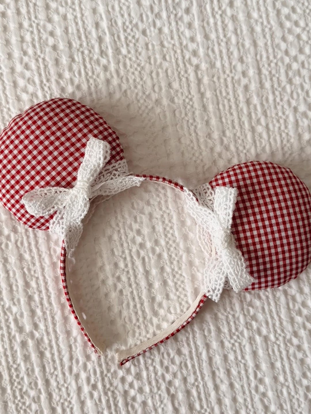 Red and White Gingham Mickey Ears With Lace Bows / Handmade Mouse Ears ...