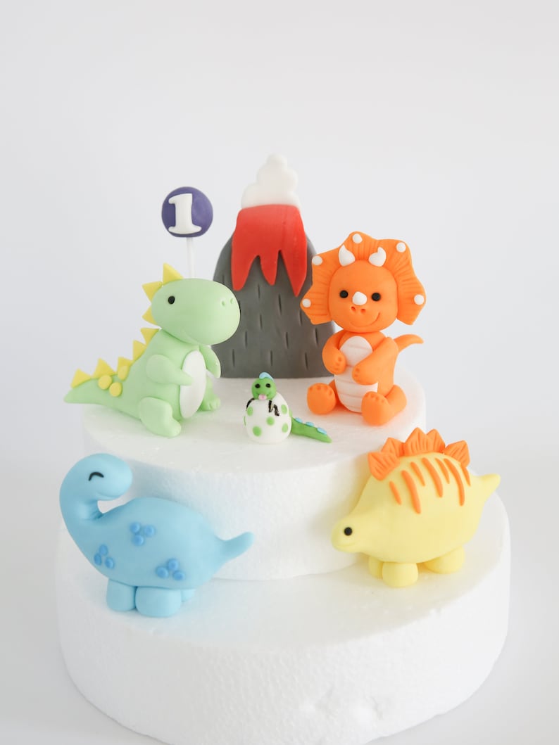 Dinosaur Cake Topper Fondant With Volcano and Balloon Cute - Etsy