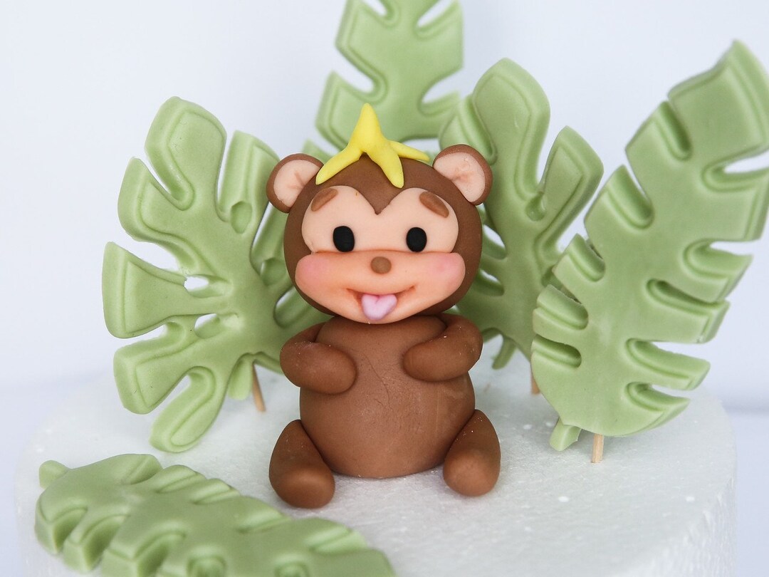 Monkey Cake Topper Fondant With Leaves Options, Jungle Themed Edible ...