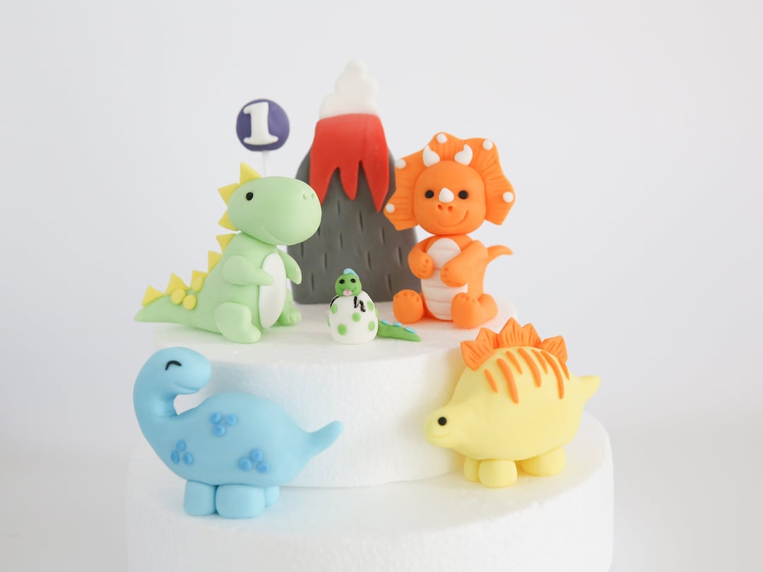 Dinosaur Cake Topper Fondant With Volcano and Balloon, Cute Dinosaur ...