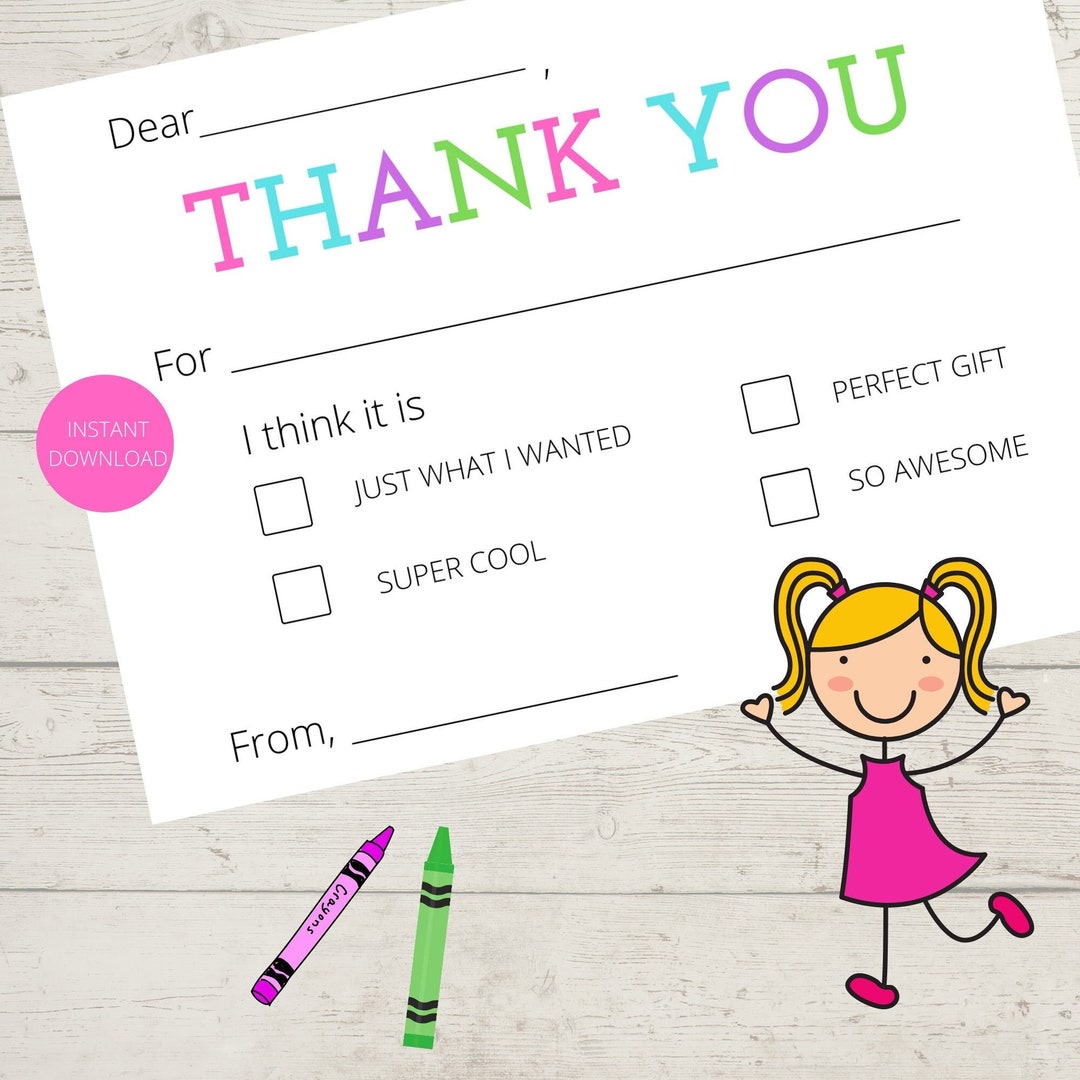 Printable Thank You Card, Kids Thank You Cards | Kids Thank You Notes ...