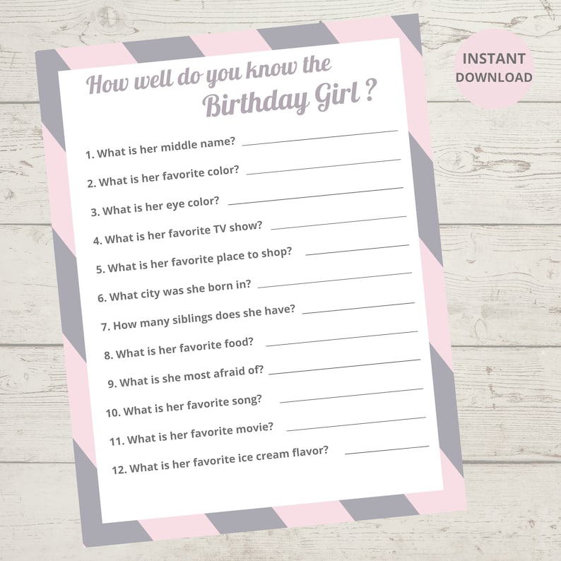 Birthday Girl Trivia Game: Printable Party Activity (PDF) - Etsy
