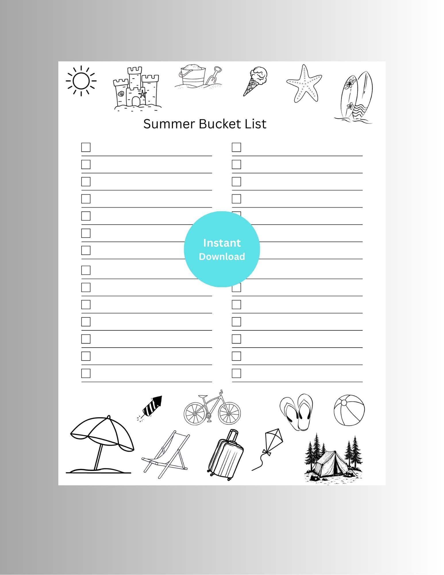 Summer Bucket List| Printable| Kids Summer Coloring Page| Summer ...